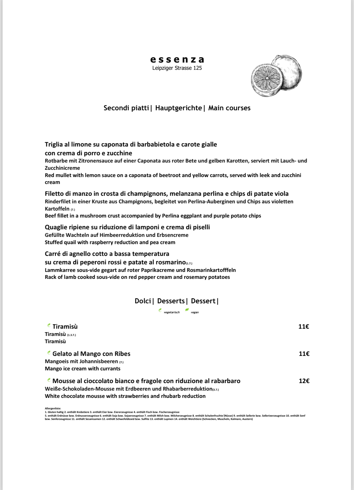 Essenza Leipziger Straße | Berlin | Speisekarte